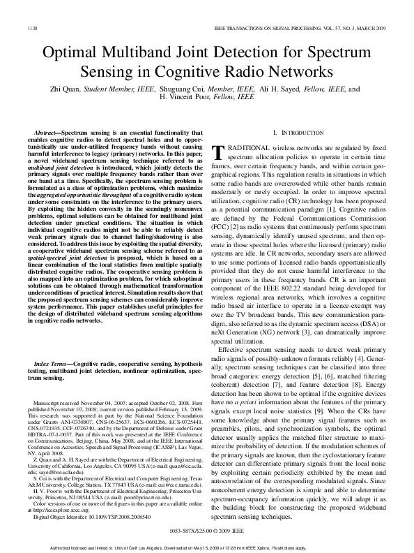 Pdf Optimal Multiband Joint Detection For Spectrum Sensing In Cognitive Radio Networks