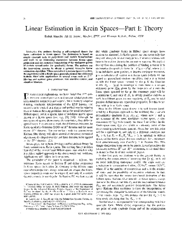 Pdf Linear Estimation In Krein Spaces Part I Theory