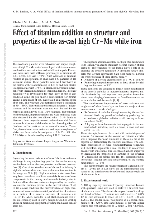 (PDF) Effect of titanium addition on structure and properties of the as-cast high Cr–Mo white iron