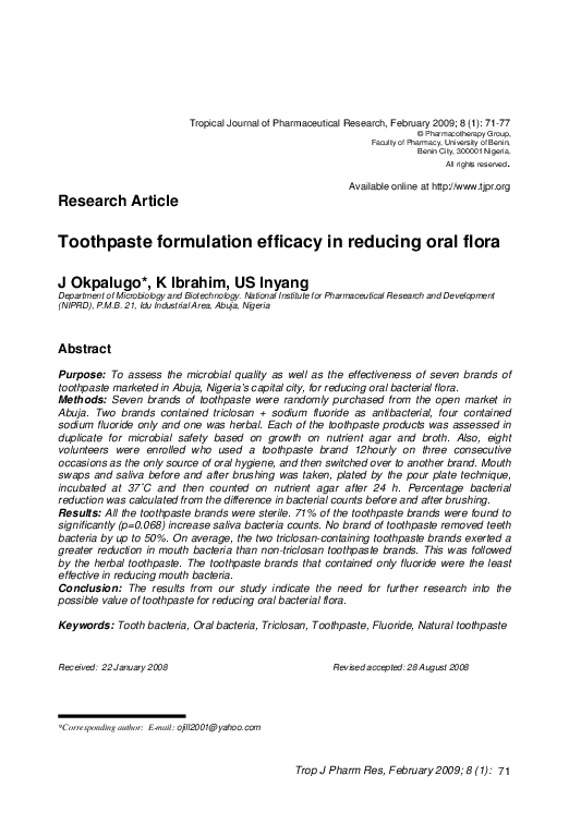 (PDF) Toothpaste formulation efficacy in reducing oral flora