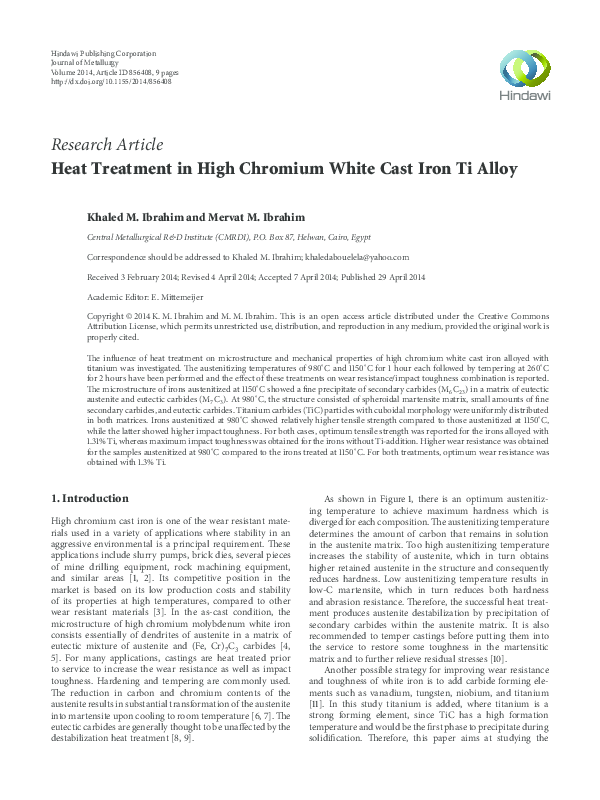 (PDF) Heat Treatment in High Chromium White Cast Iron Ti Alloy