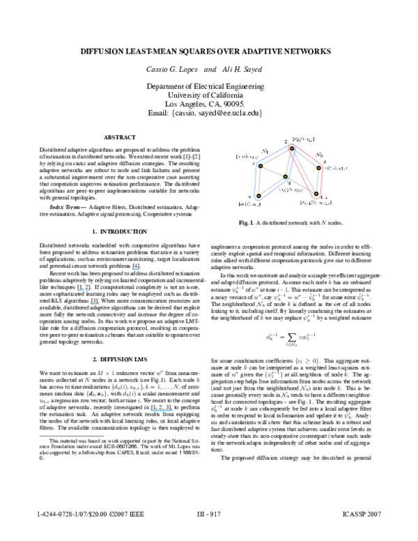 Pdf Diffusion Least Mean Squares Over Adaptive Networks Formulation And Performance Analysis