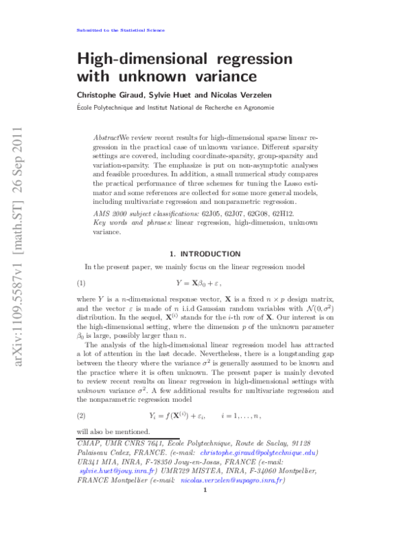 Pdf High Dimensional Regression With Unknown Variance Sylvie Huet