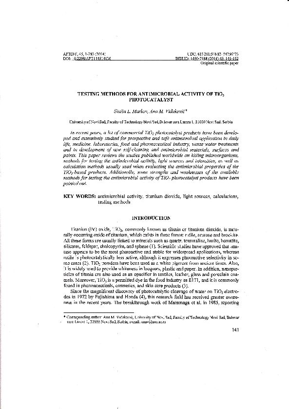 (PDF) Testing methods for antimicrobial activity of TiO2 photocatalyst (PDF) Testing methods for antimicrobial activity of TiO2 photocatalyst