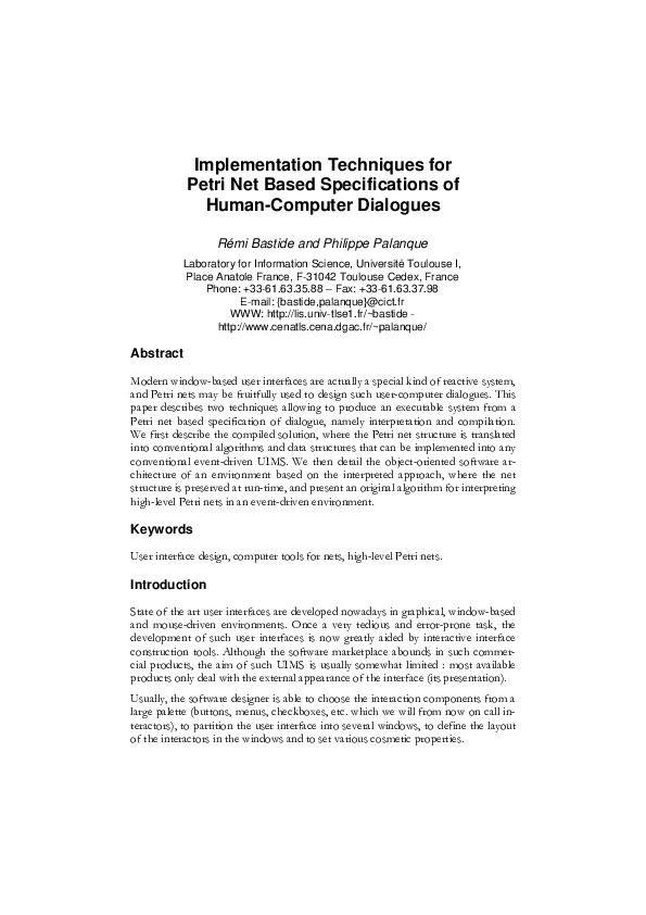 (PDF) Implementation Techniques for Petri Net Based Specifications of Human Computer Dialogues