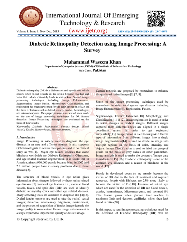 (PDF) Diabetic Retinopathy Detection using Image Processing: A Survey