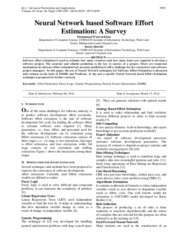 Pdf Neural Network Based Software Effort Estimation A Survey