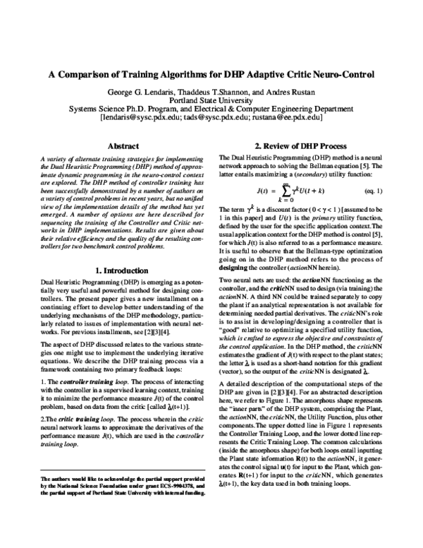 Pdf A Comparison Of Training Algorithms For Dhp Adaptive Critic Neurocontrol