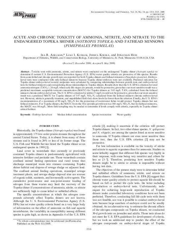 (PDF) Acute and Chronic Toxicity of Ammonia, Nitrite, and Nitrate to ...