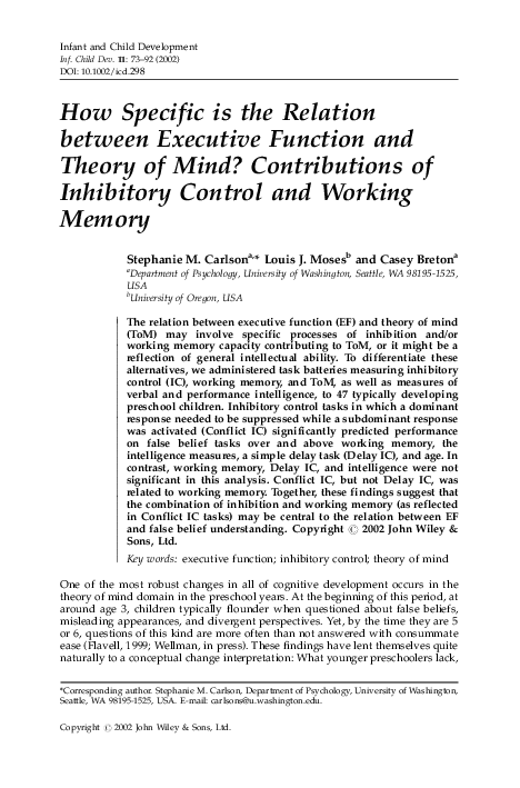 (PDF) Infant and Child Development: How Specific is the Relation between Executive Function and ...