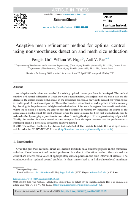 Pdf Adaptive Mesh Refinement Method For Optimal Control Using Nonsmoothness Detection And Mesh