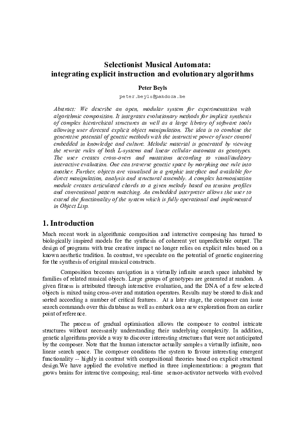 Pdf Selectionist Musical Automata Integrating Explicit Instruction And Evolutionary Algorithms