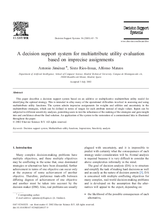 (PDF) A decision support system for multiattribute utility evaluation based on imprecise assignments