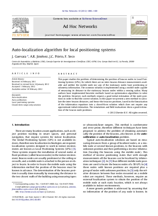 Pdf Auto Localization Algorithm For Local Positioning Systems