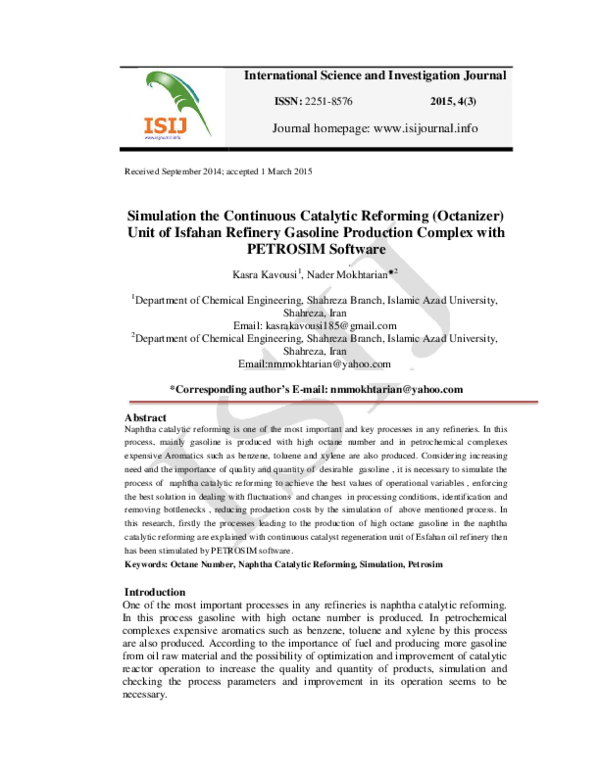 (PDF) Simulation the Continuous Catalytic Reforming (Octanizer) Unit of Isfahan Refinery ...