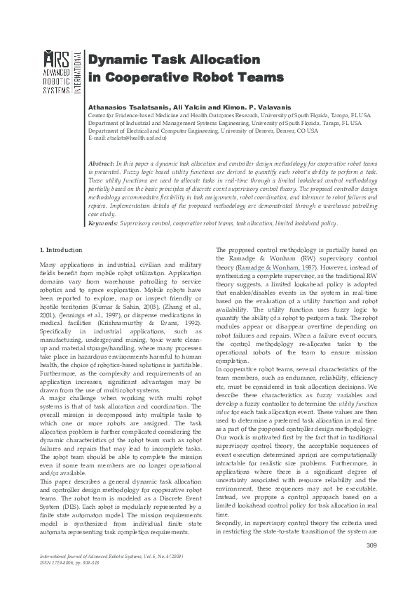 Pdf Dynamic Task Allocation In Cooperative Robot Teams