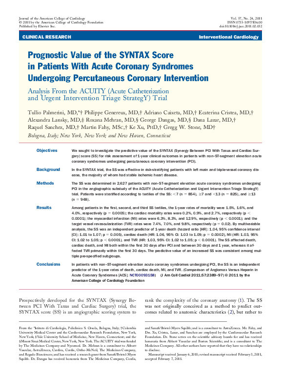 (PDF) Prognostic Value of the SYNTAX Score in Patients With Acute ...