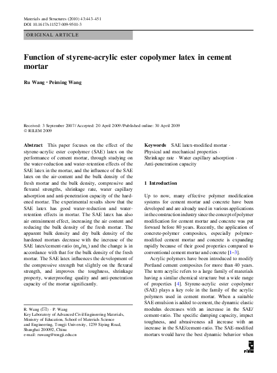 (PDF) Function of styrene-acrylic ester copolymer latex in cement mortar