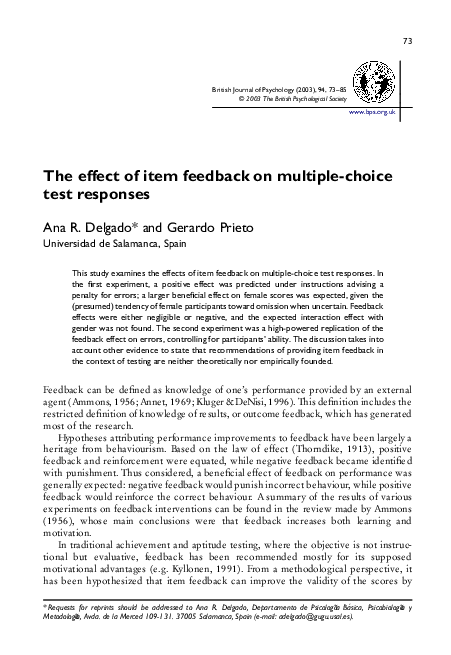 (PDF) The effect of item feedback on multiple-choice test responses