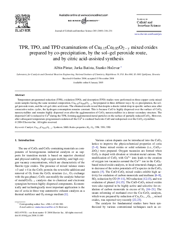 (PDF) TPR, TPO, and TPD examinations of Cu0.15Ce0.85O2−y mixed oxides prepared by co ...