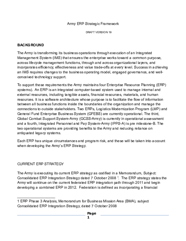 (DOC) Army ERP Strategic Framework BACKGROUND