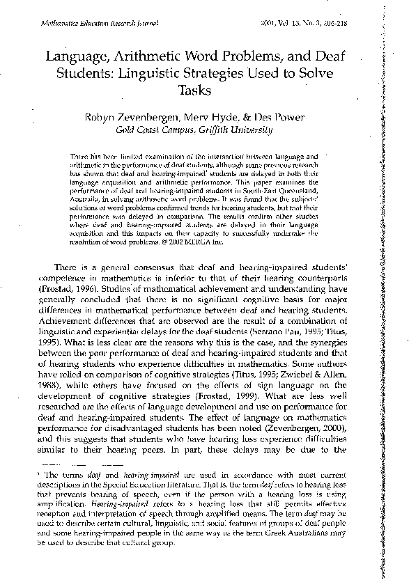 (PDF) Language, arithmetic word problems, and deaf students: Linguistic strategies used to solve ...