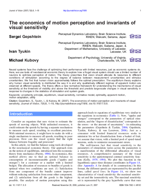 (PDF) The economics of motion perception and invariants of visual ...