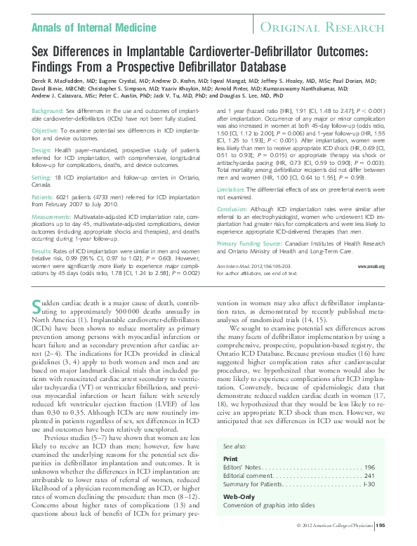 Pdf Sex Differences In Implantable Cardioverter Defibrillator