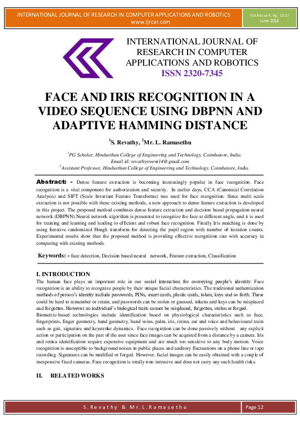 (PDF) FACE AND IRIS RECOGNITION IN A VIDEO SEQUENCE USING DBPNN AND ADAPTIVE HAMMING DISTANCE