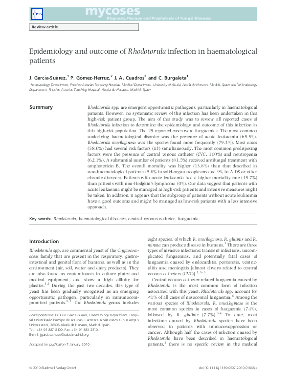 (PDF) Epidemiology and outcome of Rhodotorula infection in ...