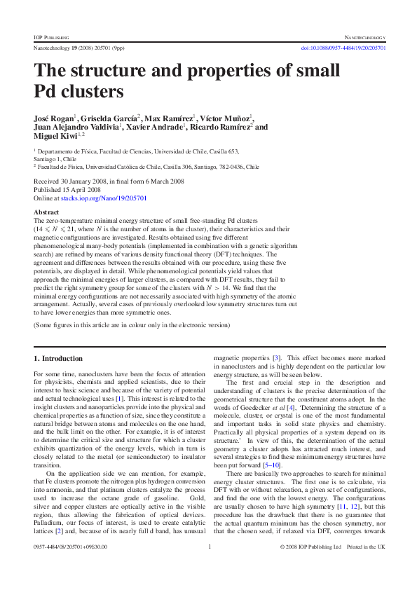 (PDF) The structure and properties of small Pd clusters