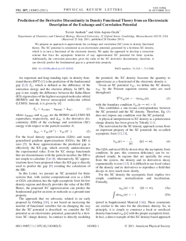 Pdf Prediction Of The Derivative Discontinuity In Density Functional Theory From An