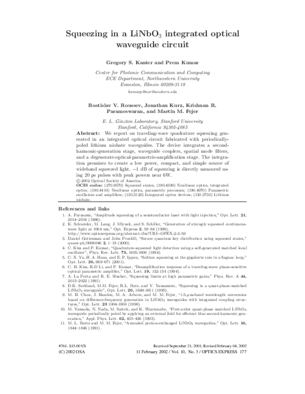 (PDF) Squeezing in a LiNbO3 integrated optical waveguide circuit