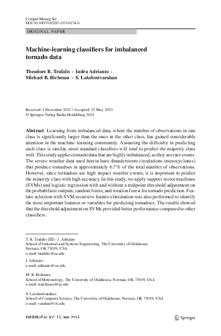 (PDF) Machine-learning classifiers for imbalanced tornado data