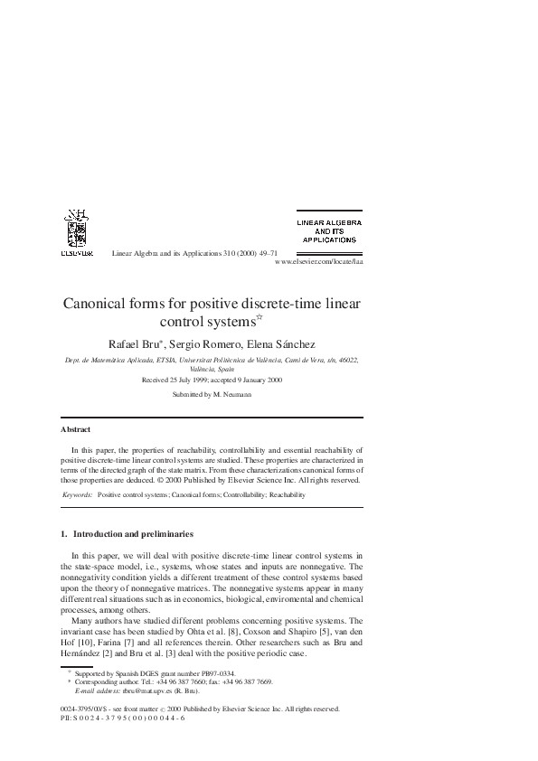 Pdf Canonical Forms For Positive Discrete Time Linear Control Systems