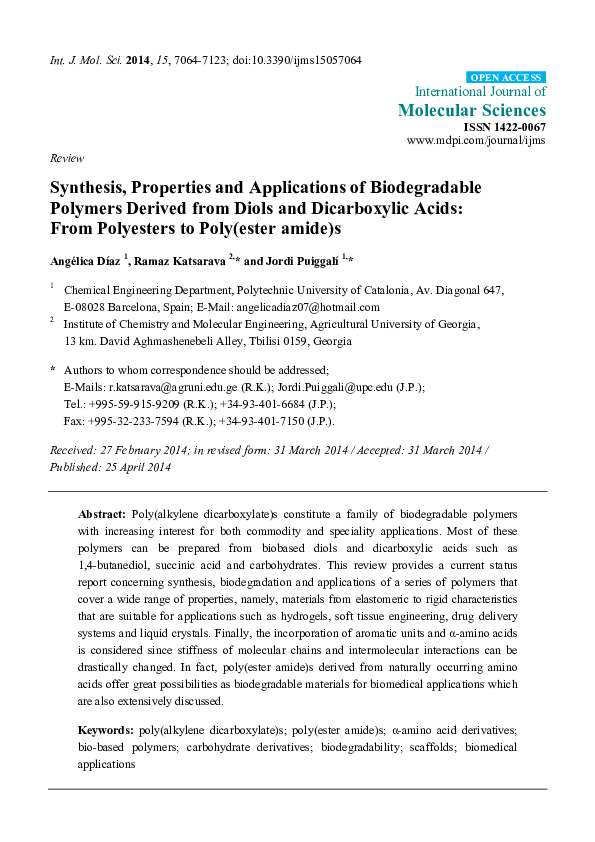 (PDF) Synthesis, Properties and Applications of Biodegradable Polymers ...