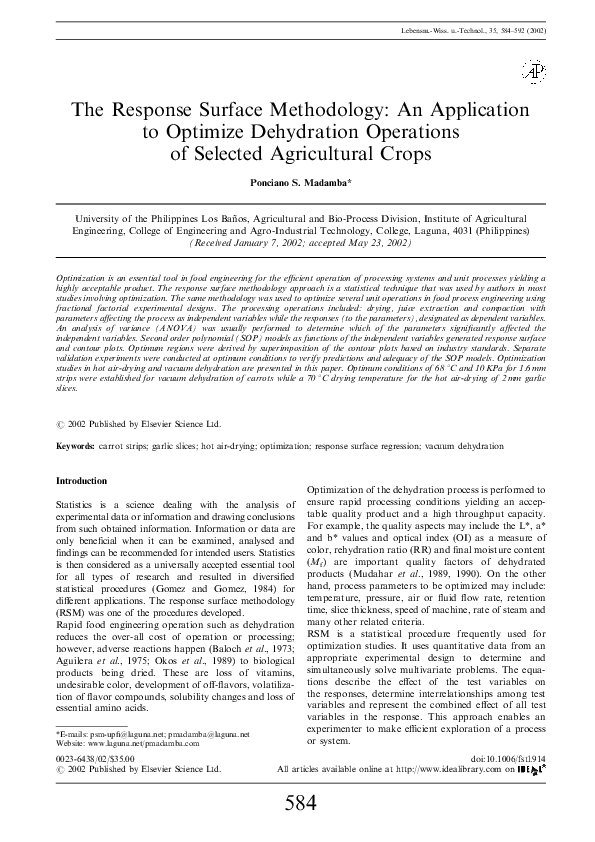 Pdf The Response Surface Methodology An Application To Optimize Dehydration Operations Of