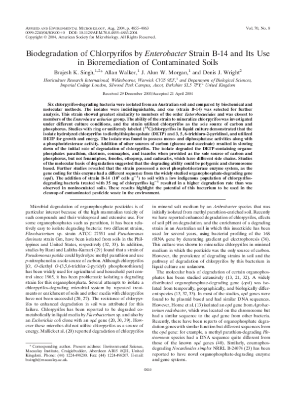 (PDF) Biodegradation of Chlorpyrifos by Enterobacter Strain B14 and Its Use in Bioremediation of ...