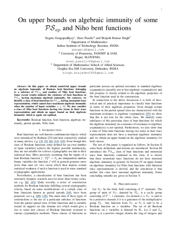 Pdf On Upper Bounds On Algebraic Immunity Of Some Ps Ap And Niho Bent Functions Brajesh