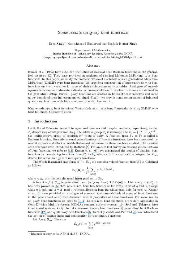 Pdf Some Results On Q Ary Bent Functions