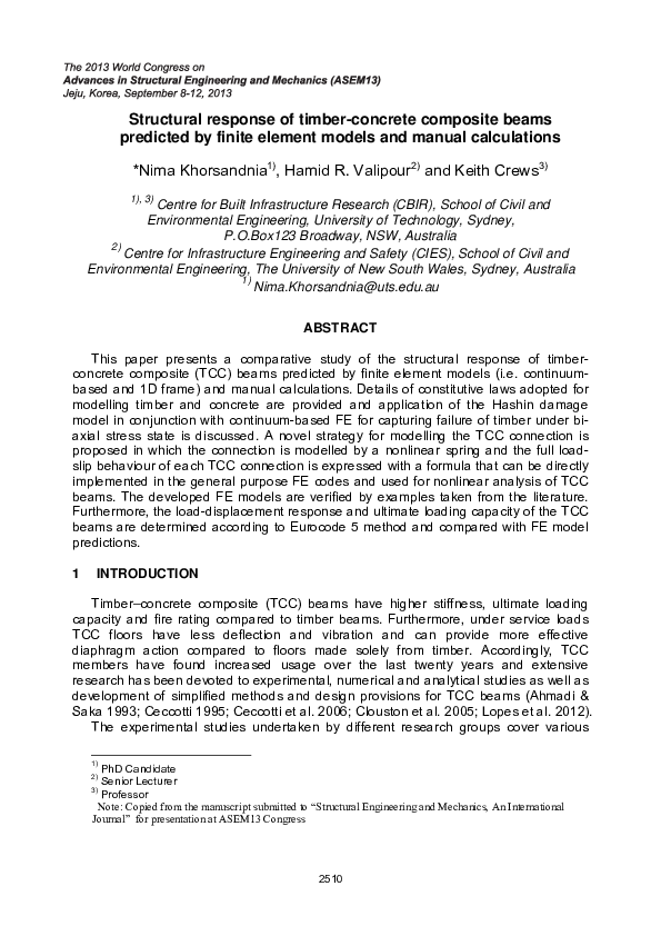 Pdf Structural Response Of Timber Concrete Composite Beams Predicted By Finite Element Models