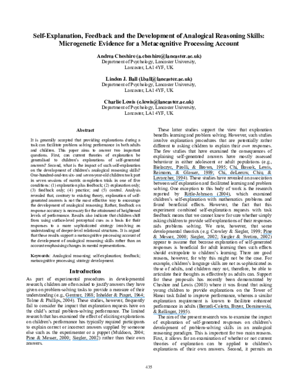 (PDF) Self-explanation, Feedback and the Development of Analogical Reasoning Skills