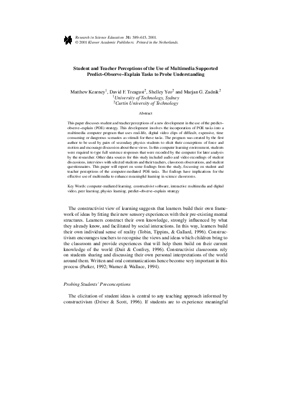 (PDF) Student and teacher perceptions of the use of multimedia supported predict–observe–explain ...