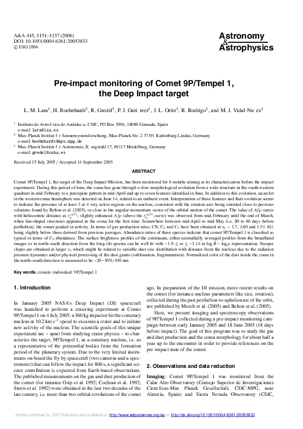 (PDF) Pre-impact monitoring of Comet 9P/Tempel 1, the Deep Impact target