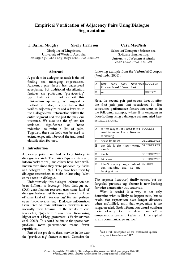 (PDF) Empirical verification of adjacency pairs using dialogue segmentation