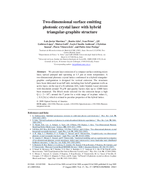 (PDF) Two-Dimensional Surface Emitting Photonic Crystal Laser with Hybrid Triangular-Graphite ...