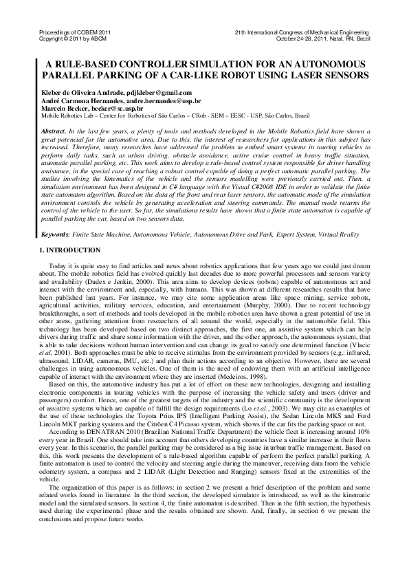 Pdf A Rule Based Controller Simulation For An Autonomous Parallel Parking Of A Car Like Robot