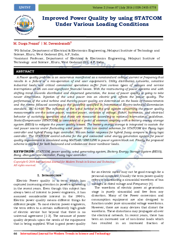Pdf Improved Power Quality By Using Statcom Under Various Loading Conditions