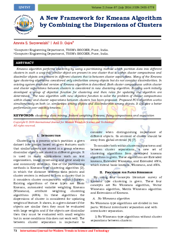Pdf A New Framework For Kmeans Algorithm By Combining The Dispersions