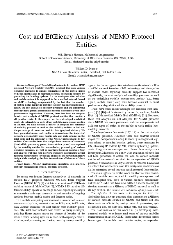 (PDF) Cost and Efficiency Analysis of NEMO Protocol Entities